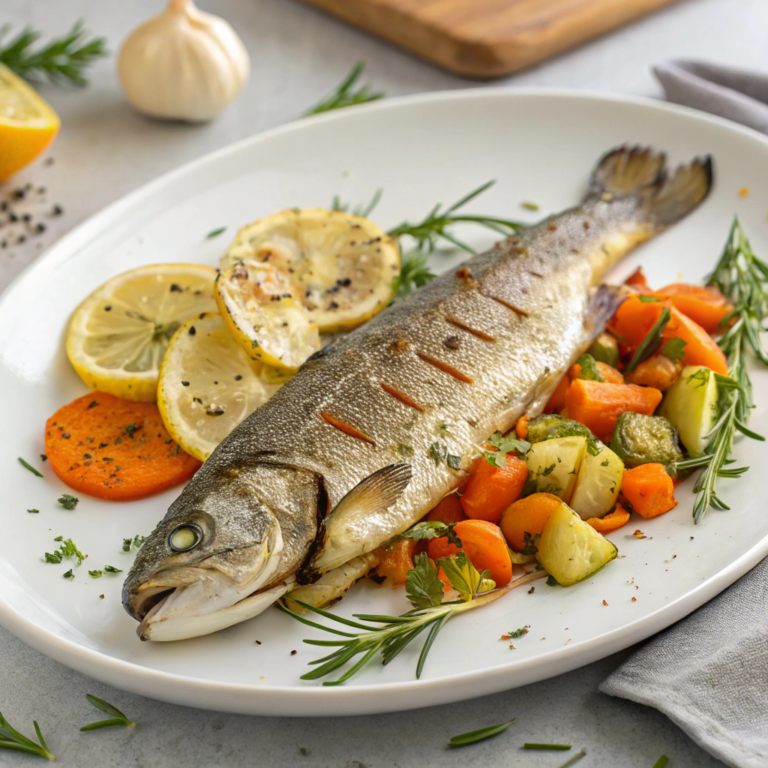 Grilled Lemon Herb Trout with Garlic Roasted Vegetables - Greens and Beyond